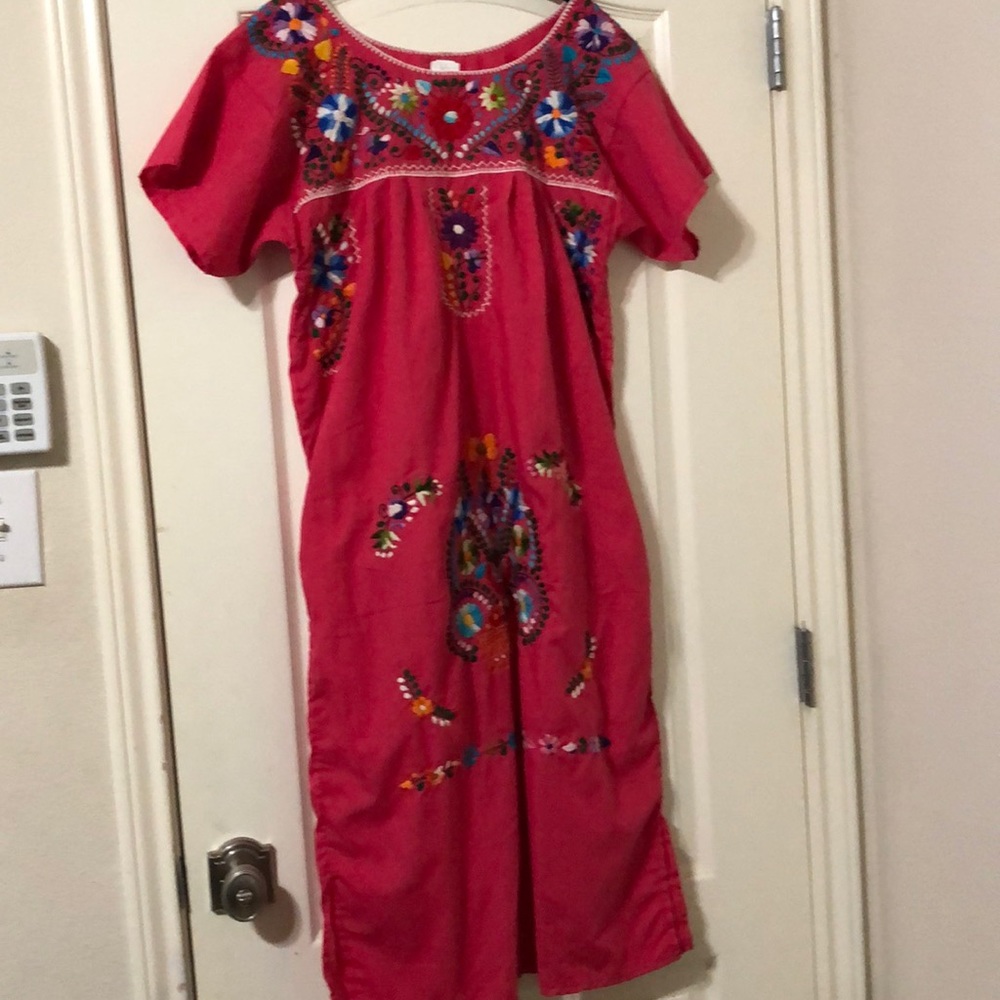 Authentic Mexican Dress- Pink Embroidered Details - Gem